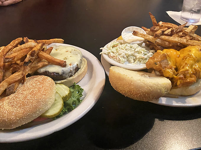 Two plates of sandwich perfection &ndash; one classic burger with melted cheese, one golden perch &ndash; decisions this difficult should come with counseling.