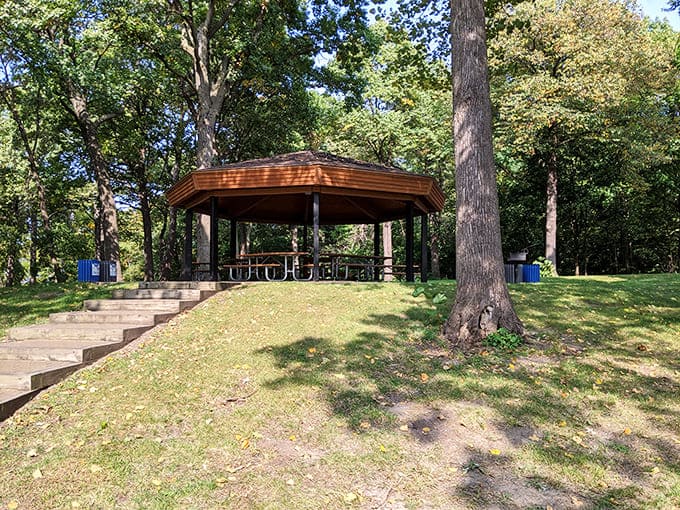This covered pavilion provides shelter and gathering space, perfect for family reunions where nature does half the entertaining for you.