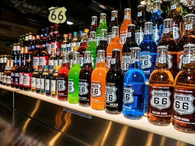A rainbow of Route 66 sodas! These fizzy delights are a feast for both the eyes and the taste buds.