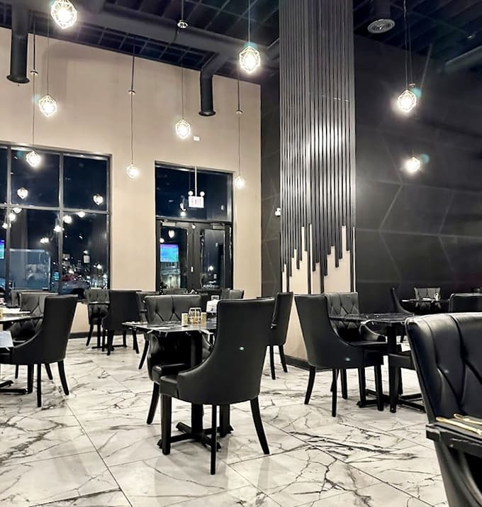 High ceilings and pendant lights create an atmosphere that's fancy enough to impress, casual enough to relax.