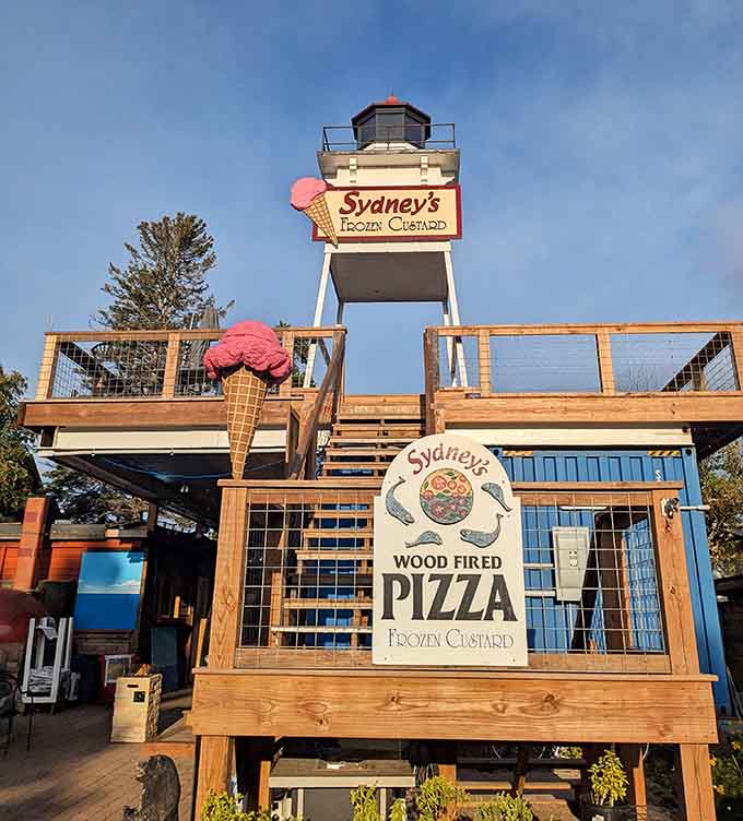 Signage that doesn't mess around, telling you exactly what you need to know: wood-fired pizza and frozen custard await.