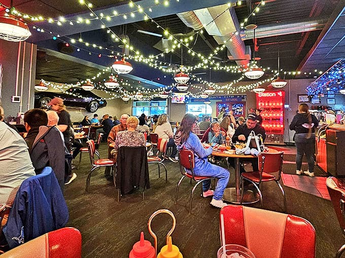 Diners: String lights twinkle above happy patrons in this retro wonderland. Notice nobody's looking at their phones&mdash;the food demands full attention.
