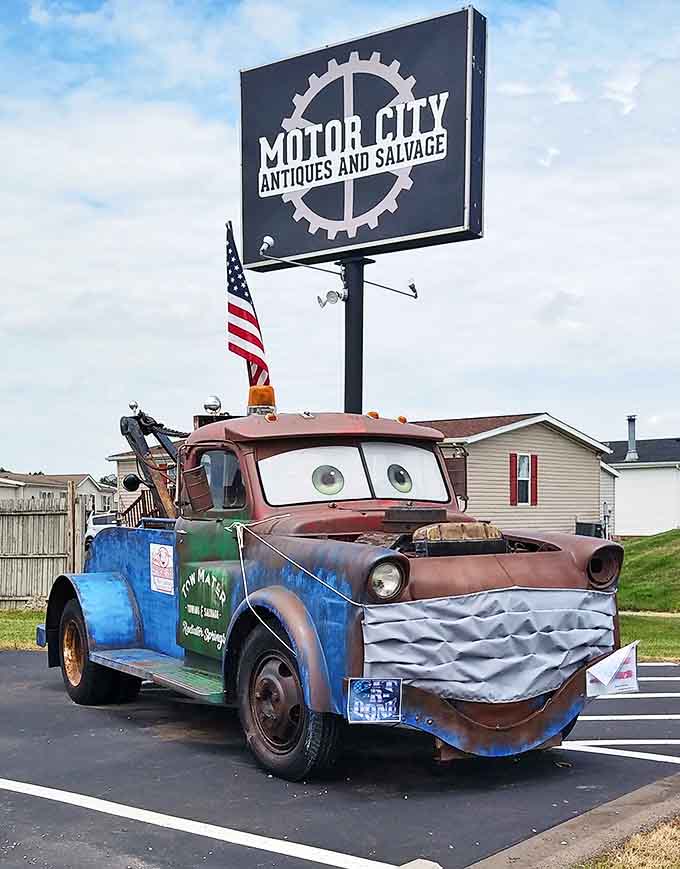 A real-life Mater from Cars sits outside, delighting Pixar fans and proving that some antiques are actually modern classics in disguise.