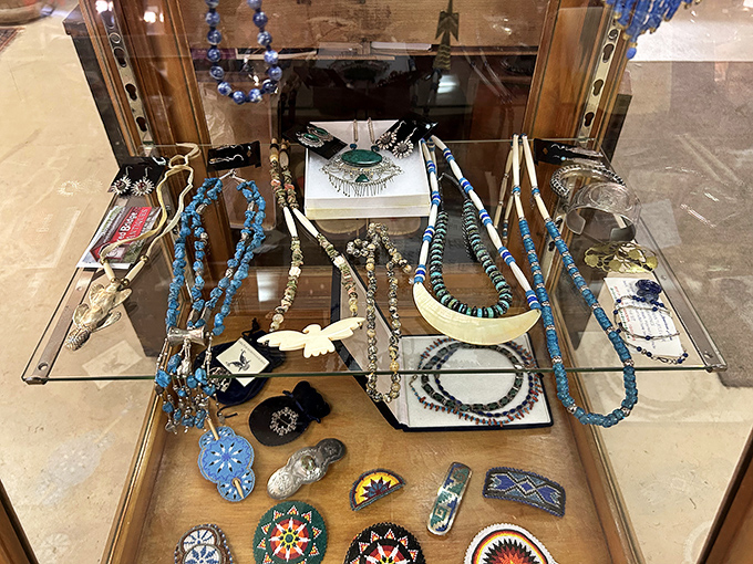 Turquoise jewelry display showcasing Native American craftsmanship &ndash; each piece containing more character than an entire mall jewelry store.