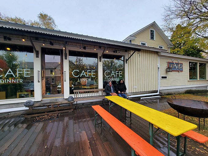 Relaxing on the patio at Depot 62 in Manchester Center. The perfect spot for fresh air and Mediterranean charm!