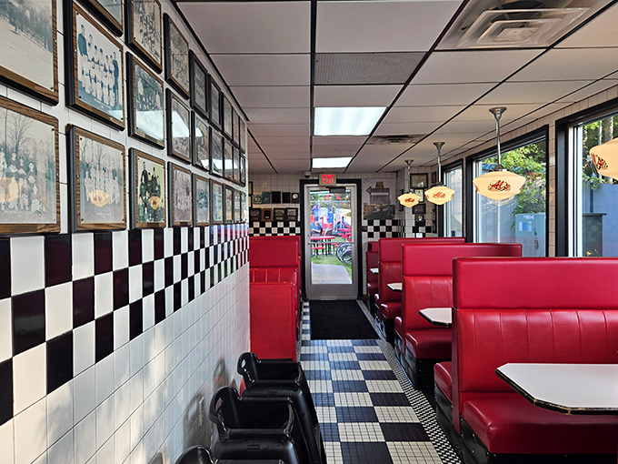 Black and white tiles, vintage lighting, and framed memories line the walls of this beloved South Burlington treasure.