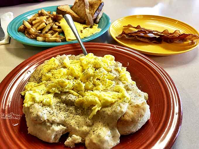 A symphony of morning favorites on a fiesta-colored plate &ndash; the kind of breakfast that makes you want to high-five the cook. 