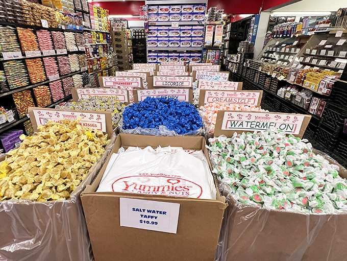 Salt water taffy in every imaginable flavor &ndash; from classic vanilla to wild watermelon, each piece wrapped like a tiny gift.