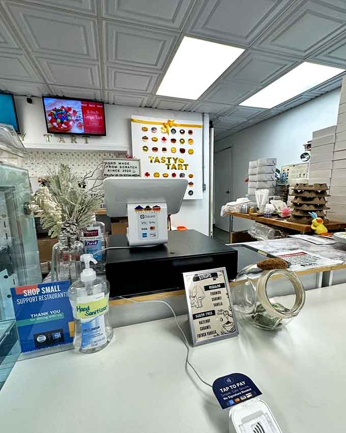 The clean, minimalist counter area balances efficiency with charm &ndash; the final checkpoint before tart happiness begins.