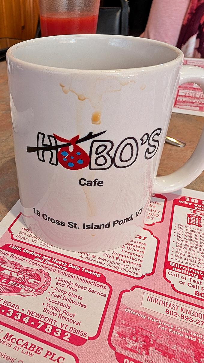 The cafe's signature mug &ndash; coffee stains are badges of honor from breakfasts thoroughly enjoyed and conversations well-savored.