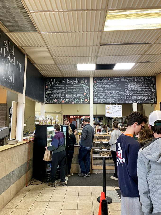 The morning pilgrimage: locals line up for their bagel fix, the chalkboard menu overhead promising wood-fired delights worth waiting for.
