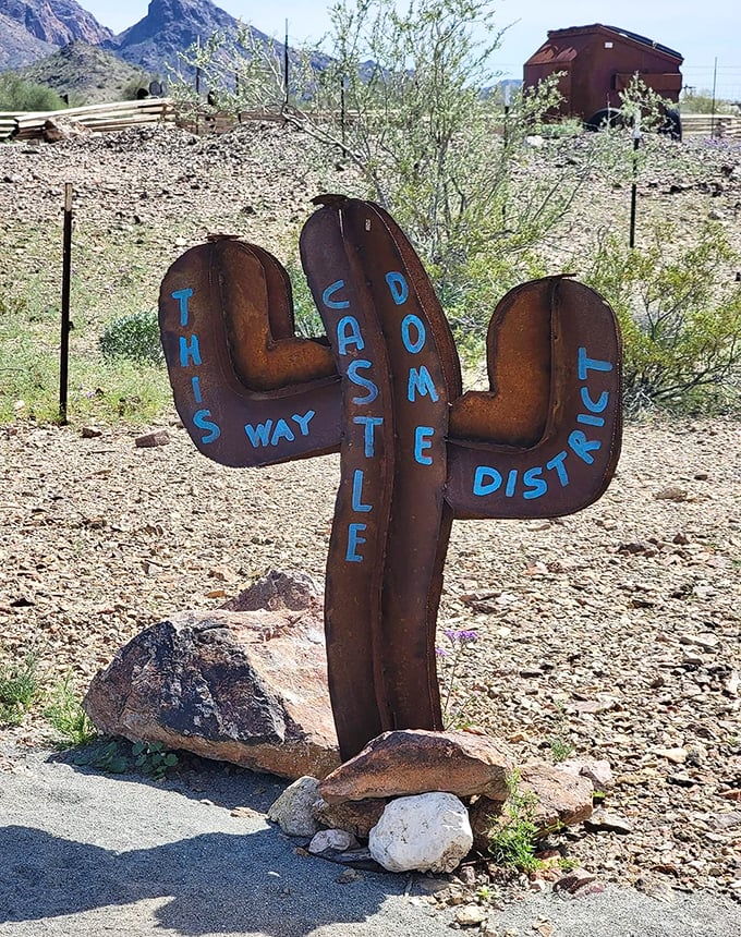 This rusty cactus sign points the way through Castle Dome's historical district, a whimsical guide to Arizona's most authentic ghost town.