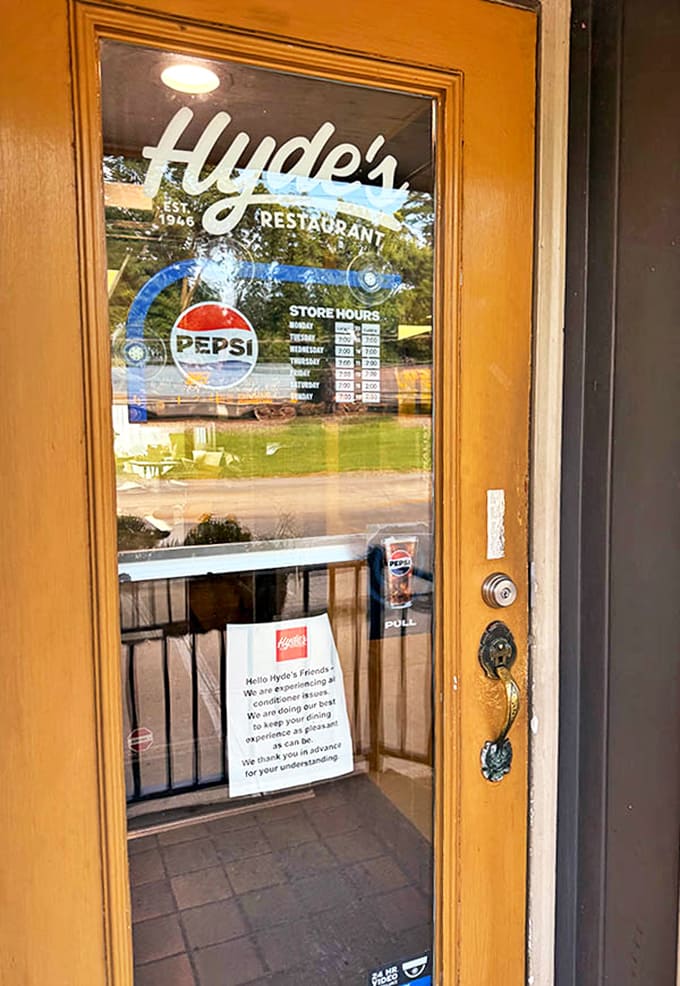 The entrance door, with its vintage lettering, serves as a portal to simpler times when restaurants focused on food rather than trends.