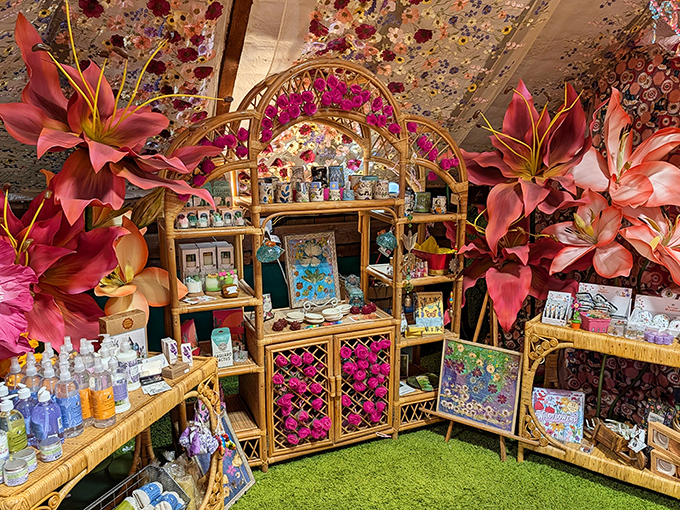 Giant blossoms and cheerful displays create a dreamy garden room overflowing with bright art and playful charm.