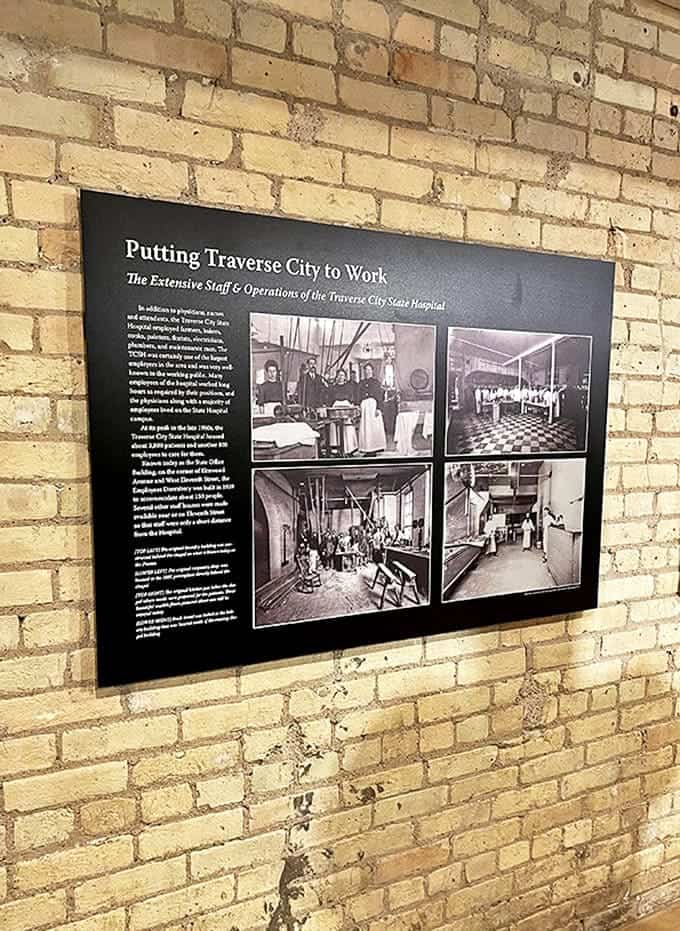 Historical photographs on display offer glimpses into daily life at the asylum, preserving memories of those who lived and worked within these walls.