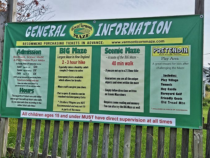 The information board lays out the challenge ahead – from the daunting Big Maze to the more manageable Scenic Maze, with helpful warnings for the directionally challenged.