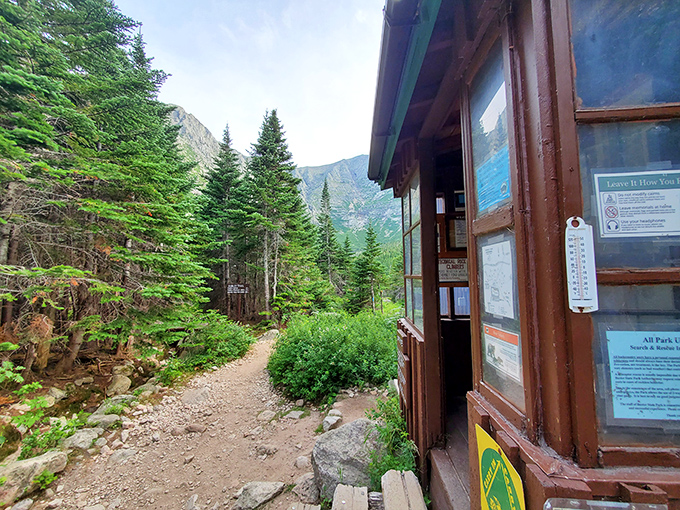 Wilderness information station: The trail registration cabin provides essential safety information before hikers venture into Katahdin's realm.