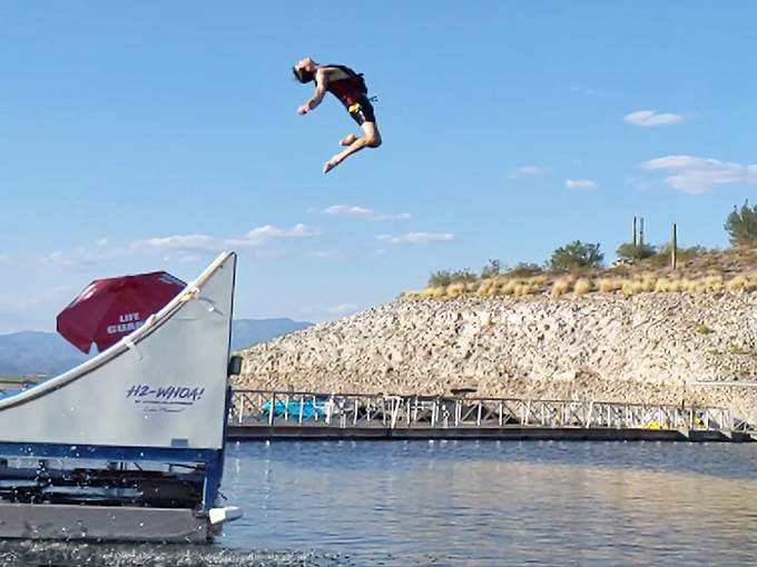 That perfect moment of airborne abandon &ndash; when you're neither on the slide nor in the water.