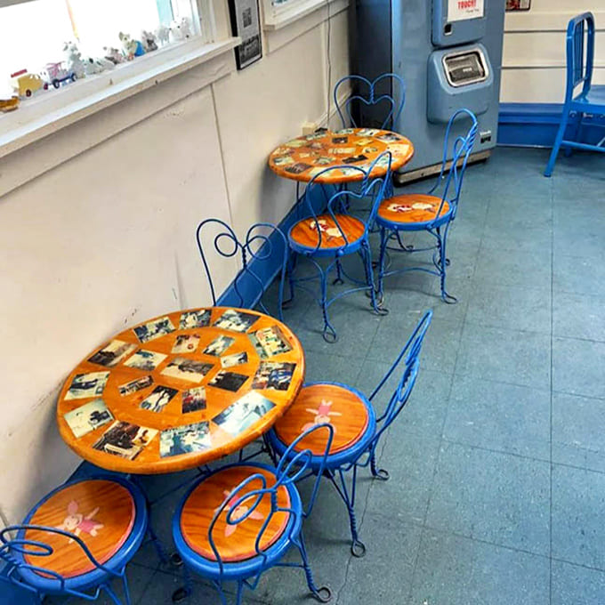 These vintage blue ice cream parlor chairs have witnessed countless first-cone experiences, supporting generations of wide-eyed dessert discoveries.