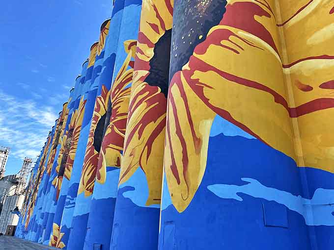 Sunflower centers painted with such detail you can almost see bees hovering nearby, waiting to collect pollen from these concrete blooms.