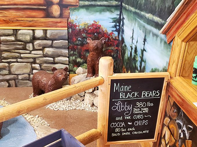 The chocolate bear family keeps Lenny company &ndash; 380 pounds of solid chocolate crafted into Maine's most delicious wildlife scene.