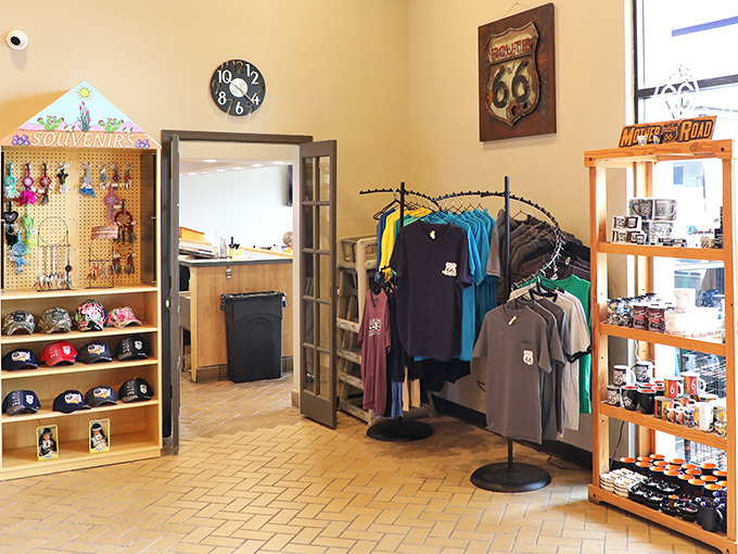 A corner dedicated to Route 66 souvenirs lets visitors take home a piece of their Calico's experience.