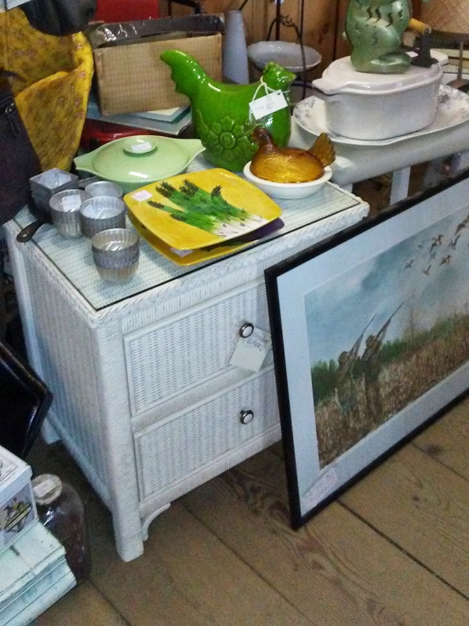 Find unique farmhouse treasures like this vintage nightstand and lovely antique decor at the Big Red Barn! Stop in!