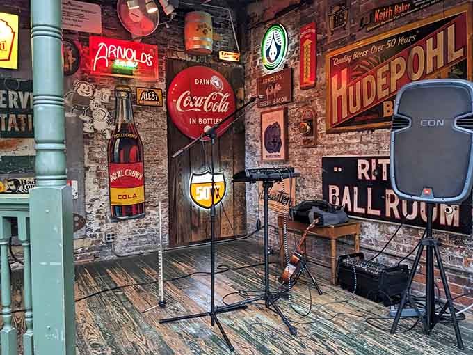 Vintage signs and stage lights create a performance space that's seen more talented musicians than most concert halls could dream of.