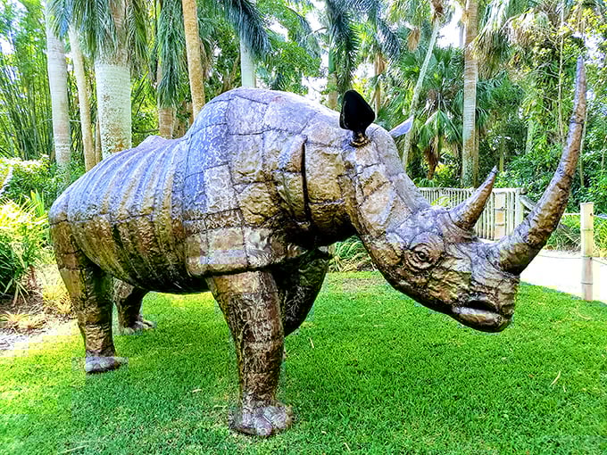 This life-sized rhinoceros sculpture stands guard in the garden, looking so realistic you might check for movement.