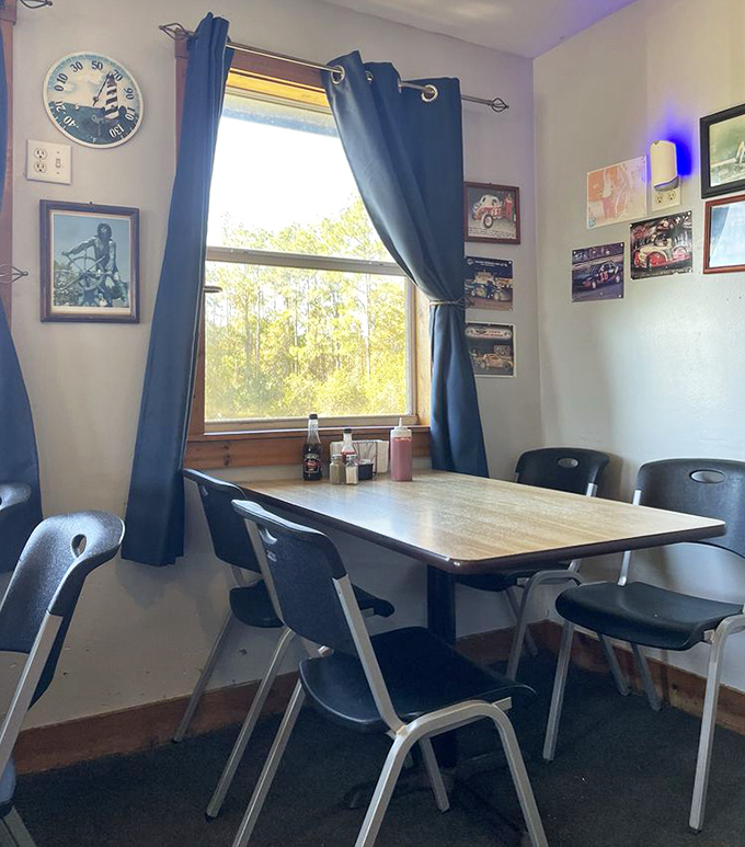 A cozy corner table by the window offers views of Florida pines &ndash; the perfect spot to savor seafood and that famous pie.