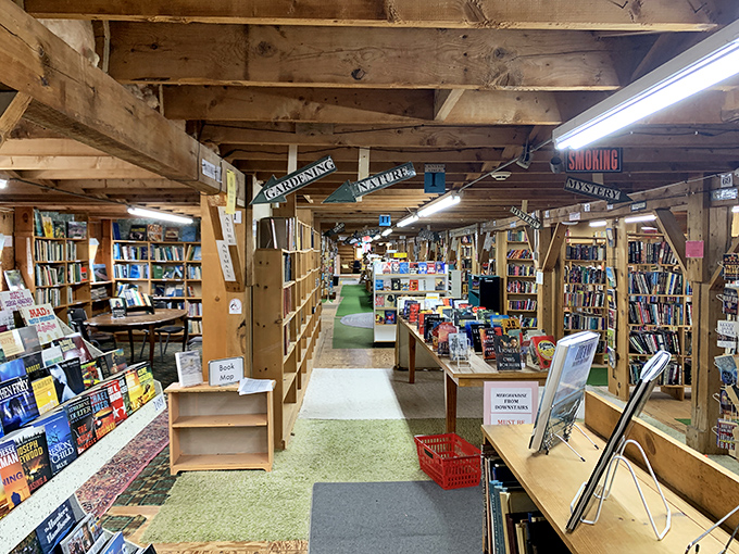 Literary genres stretch as far as the eye can see, with helpful signs guiding readers through this paper-filled paradise.