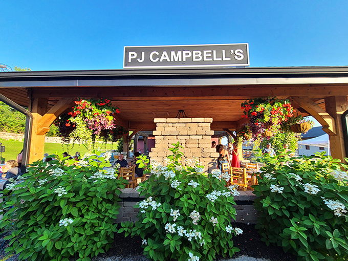 PJ Campbell's outdoor patio offers a flower-framed oasis where summer evenings stretch deliciously into night over good food and better company.