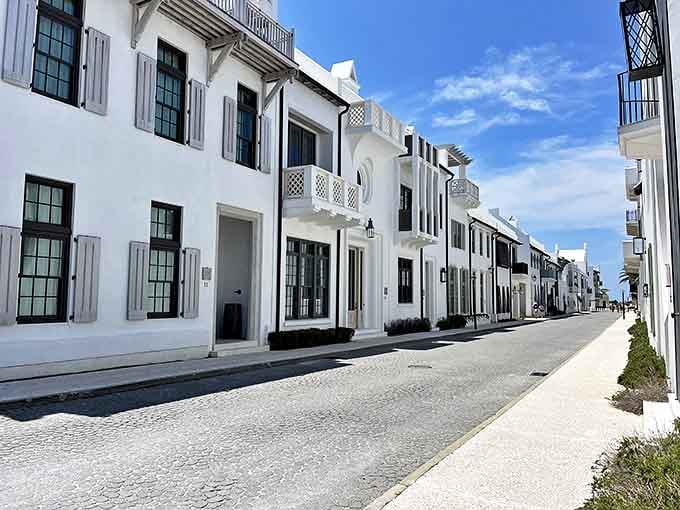 Street view: Cobblestone pathways wind between pristine buildings, creating a pedestrian paradise where every turn reveals a new Instagram-worthy vignette.