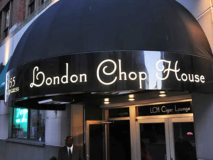 The illuminated signage glows like a beacon in the evening, marking the spot where Detroit's finest dining traditions continue to thrive in modern times.