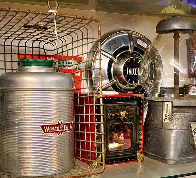 Vintage Americana clusters together, from Western Field water jugs to antique heaters, each piece a nostalgic reminder of simpler analog times.