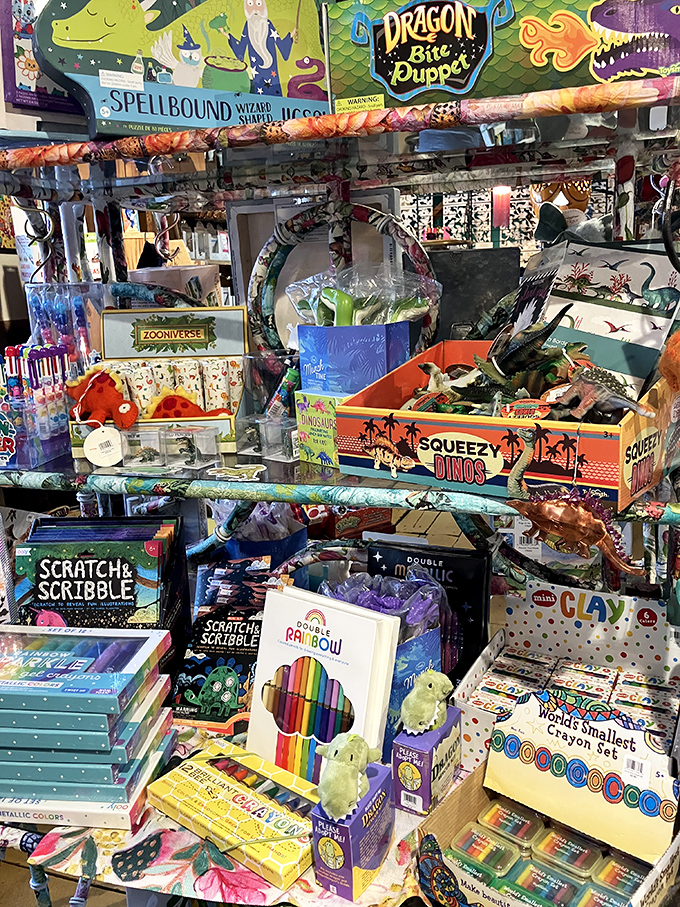 Treasure trove for young explorers! Colorful art supplies and magical creatures fill shelves designed to inspire the next generation of Vermont artists.