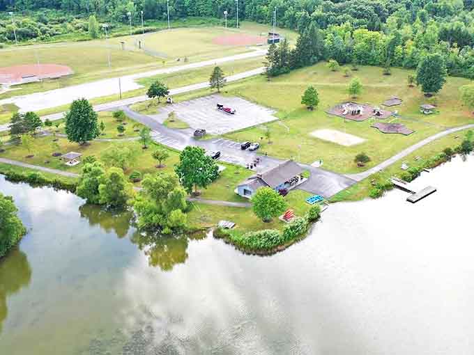 An aerial view reveals Sunny Lake Park's perfect balance of recreational facilities and natural beauty nestled in Ohio's verdant landscape.