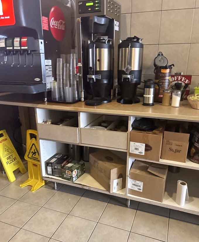 Self-serve coffee station means unlimited refills, because tackling that burrito requires proper fuel and hydration.
