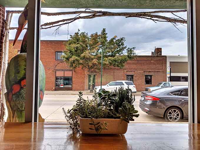 Those big windows frame views of downtown Winona while flooding the space with natural light, making every seat feel like a good seat for people-watching.