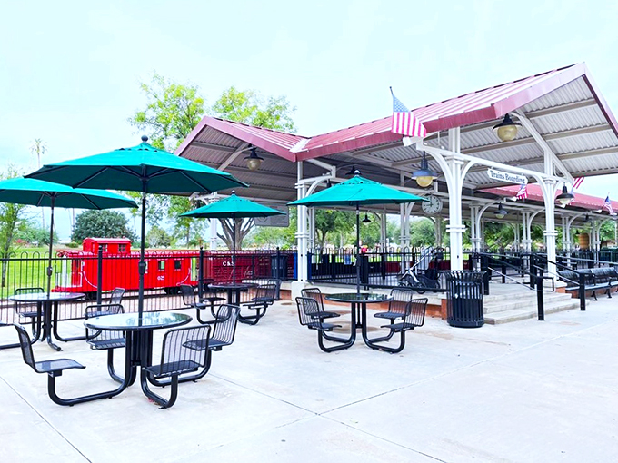 All aboard the relaxation station! This shaded oasis is the perfect spot to watch the world go by, one tiny train at a time.