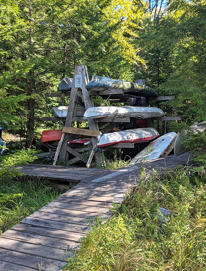 Canoes and kayaks rest between adventures, each vessel holding stories of discoveries made along the reservoir's 19 miles of undeveloped shoreline.