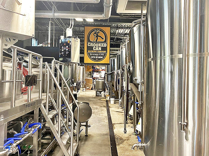 Behind-the-scenes brewing magic: Crooked Can's impressive fermentation tanks transform simple ingredients into liquid gold through science and artistry.