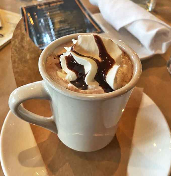 Hot chocolate transcends childhood memories with house-made whipped cream and chocolate drizzle &ndash; comfort in a mug for Michigan's chilly evenings.
