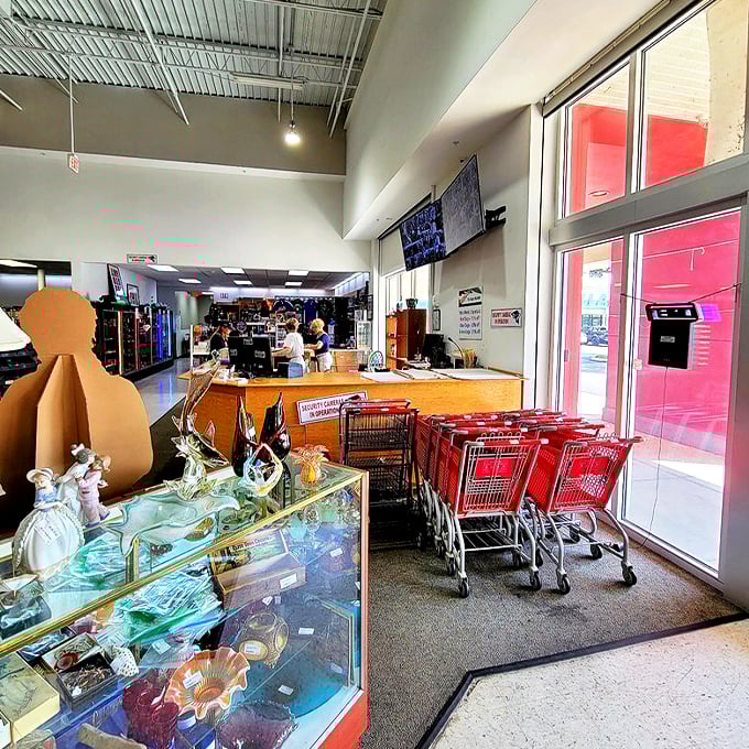 Where treasure hunting adventures begin and end, complete with shopping carts ready for your vintage discoveries.