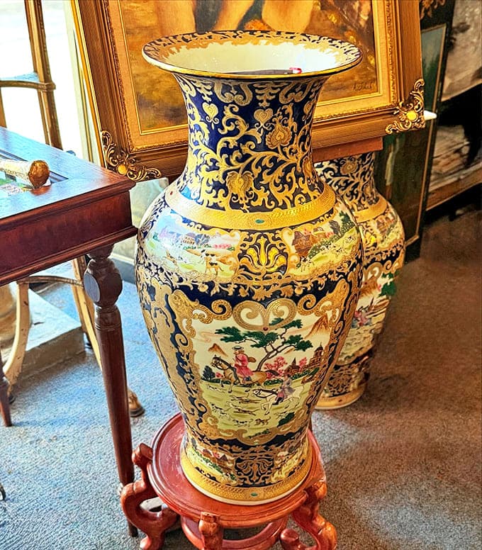 This magnificent porcelain masterpiece tells stories of distant lands through intricate brushstrokes &ndash; no Netflix subscription required for this entertainment.