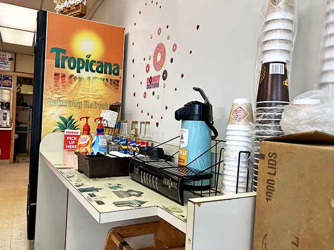 The coffee station offers straightforward morning fuel &ndash; no complicated brewing methods, just honest cups of wake-up juice.