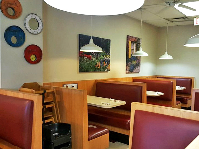 Simple, clean, and comfortable &ndash; these booths have supported countless elbows as diners lean in to savor that first bite.