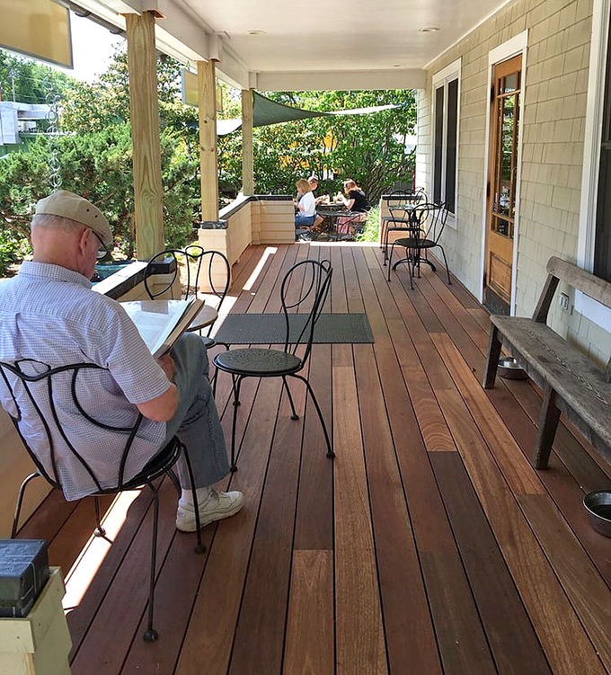 The wooden porch &ndash; where Maine summer days are best spent lingering over coffee and pastries while watching the world go by.