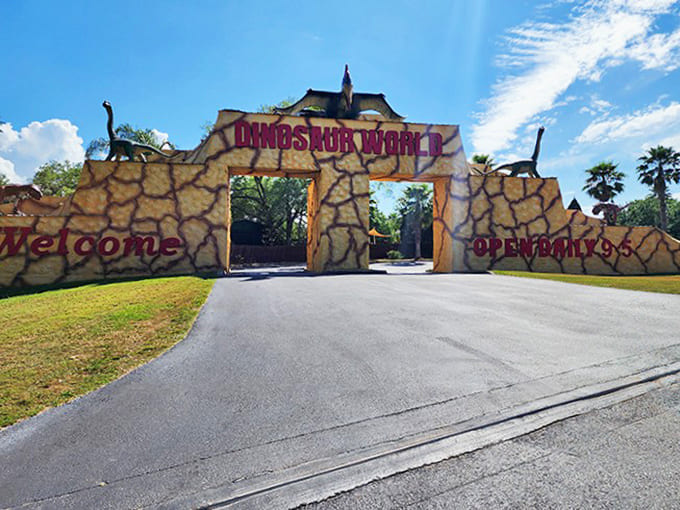 Dinosaur World's prehistoric entrance promises family adventures among life-sized dinosaur models just minutes from downtown Plant City.