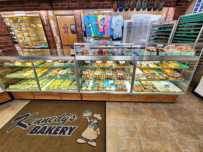 Display Case Panorama: A glass-fronted wonderland where diet plans go to die and happiness is measured in trays of golden-brown perfection.